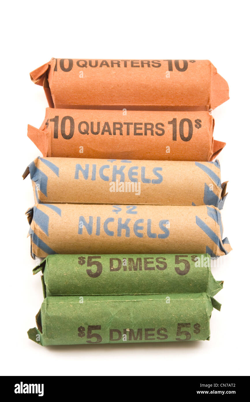Rolled American coins on white background Stock Photo - Alamy