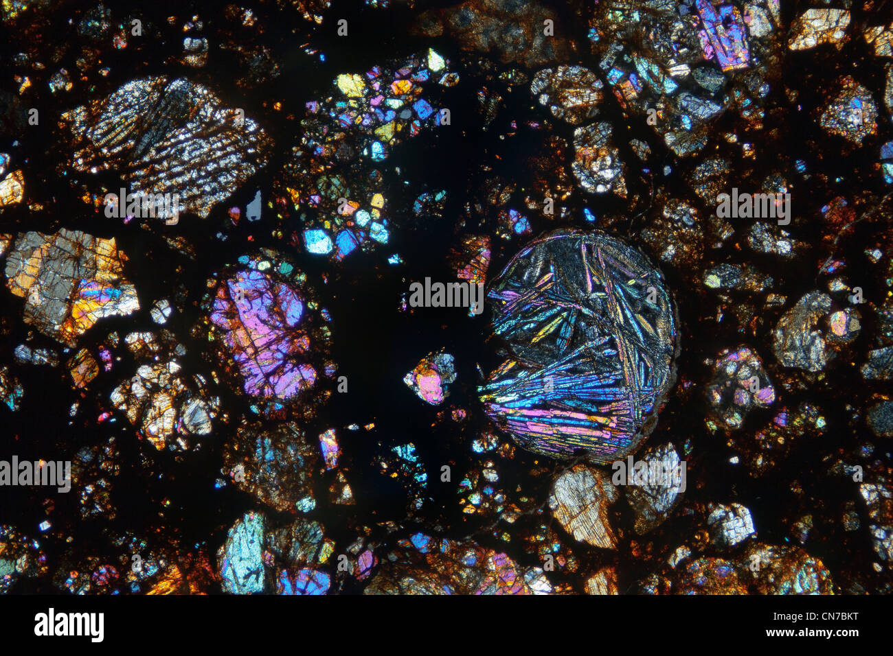 Meteorite thin slide section NWA6326 cross-polarised photomicrograph ...