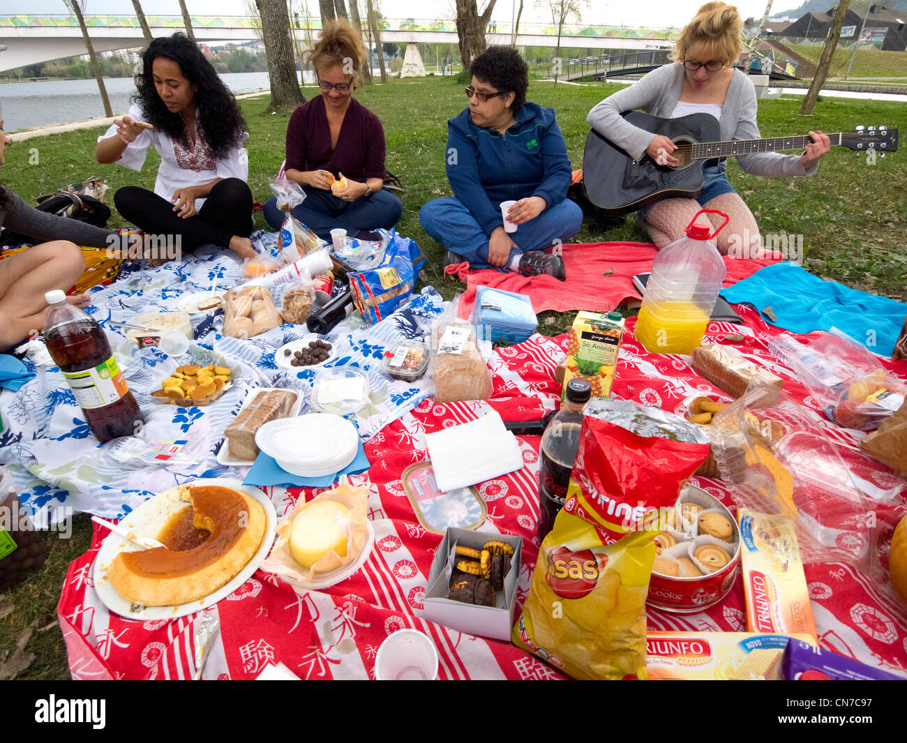 Young people having a picnic Stock Photo - Alamy