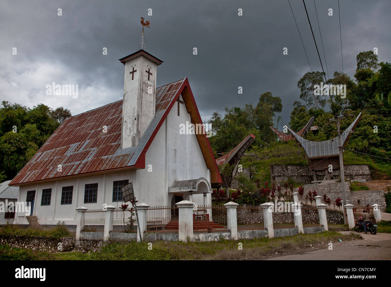 Church and houses of a traditional village in Tana Toraja. Rantepao ...