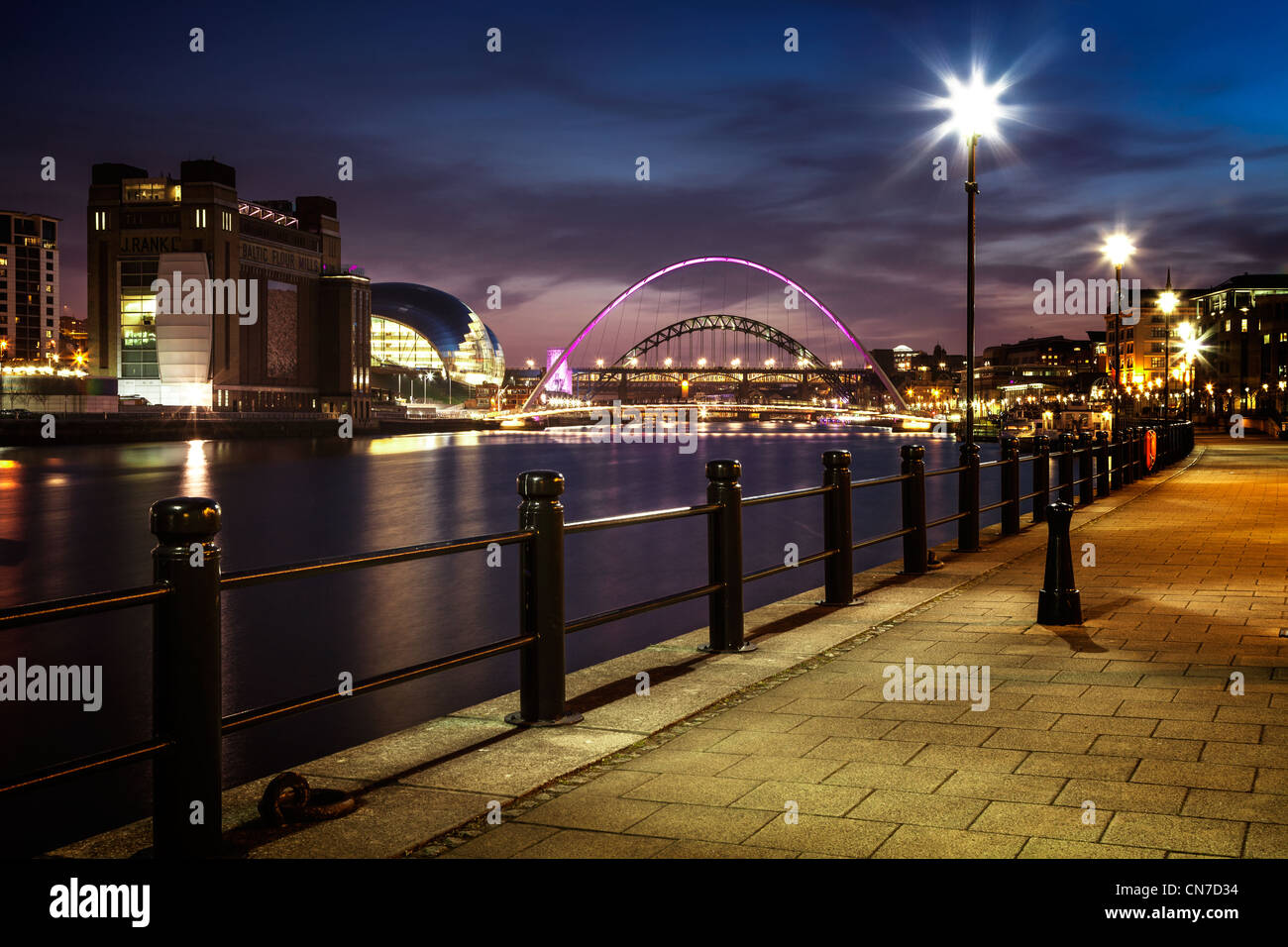 Night shot of Newcastle Gateshead quayside,including Millenium Bridge ...