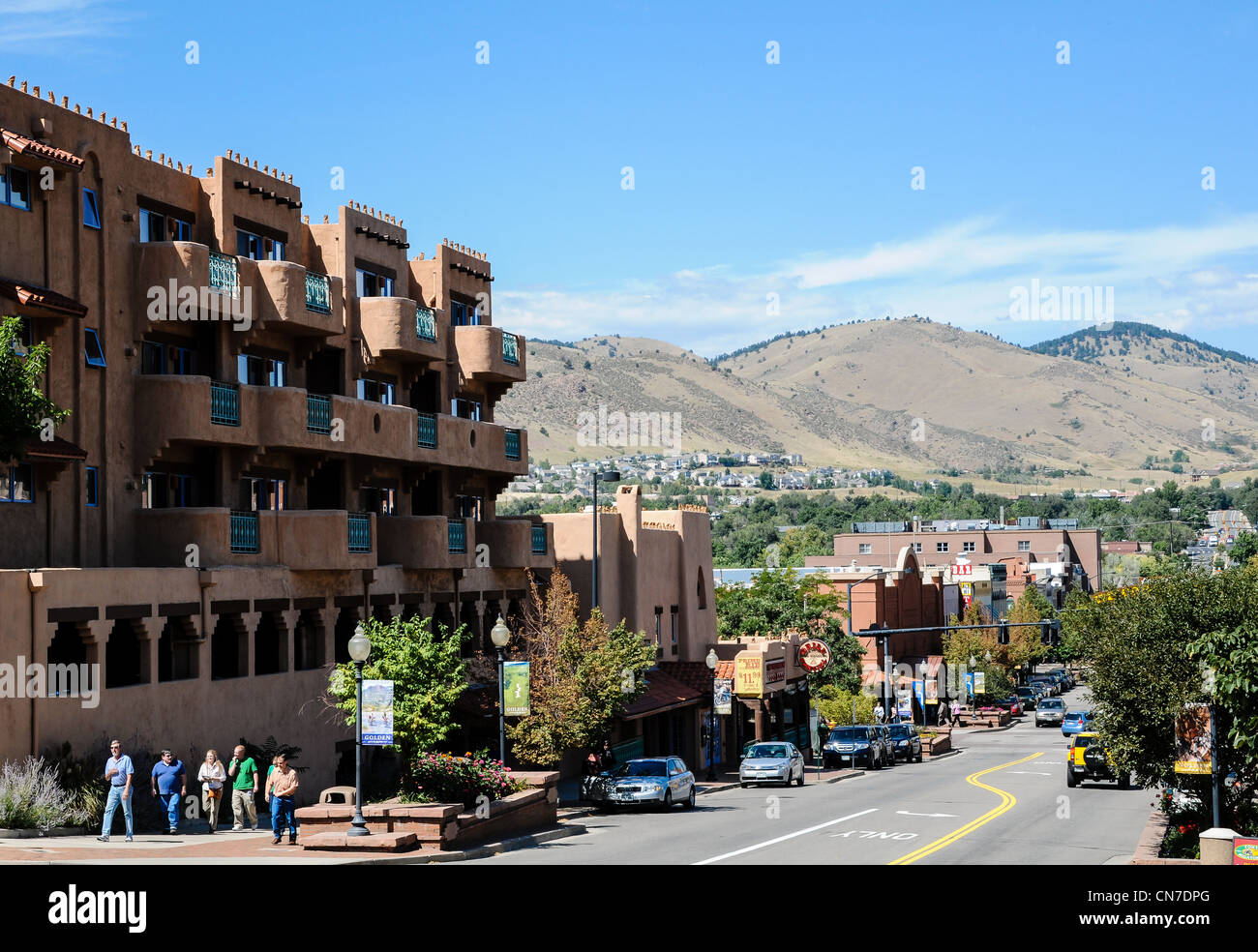 People walking on the street of downtown Golden, Colorado on a sunny ...