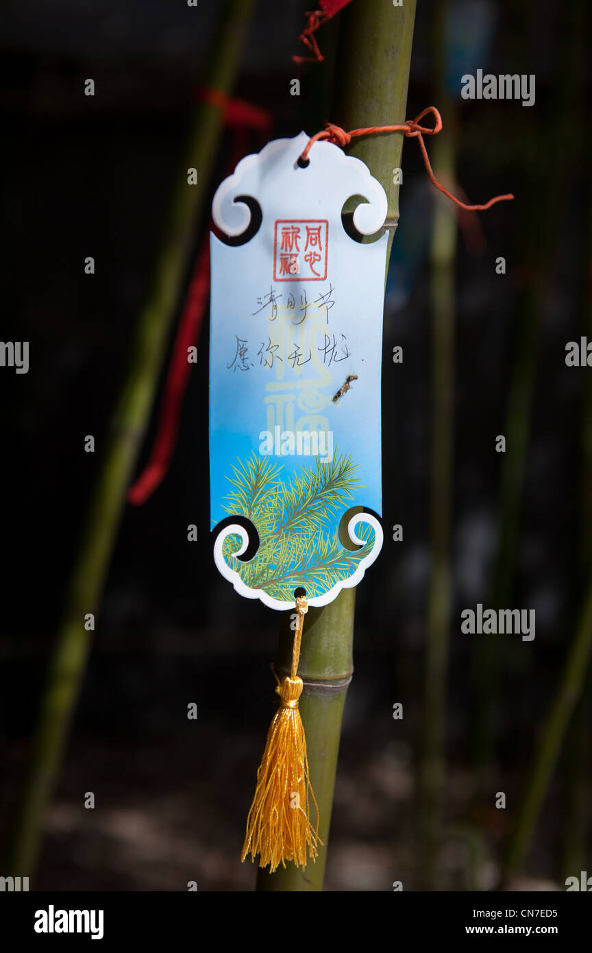 Beijing, Wanan cemetery. Tags with messages to deceased hanging in a ...