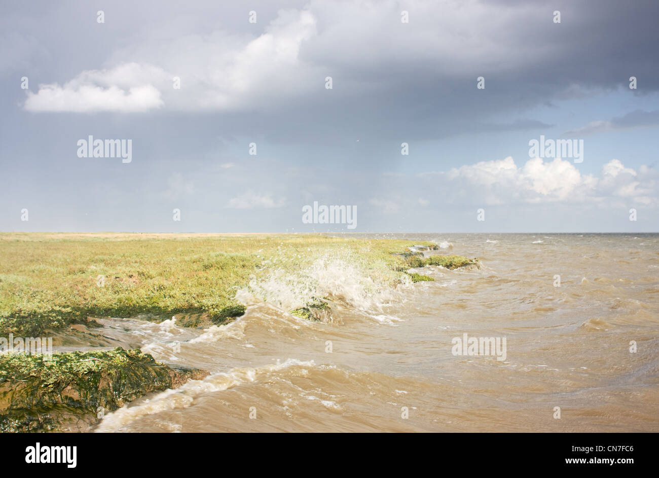Breaking waves on a shore under a sky with some rain clouds Stock Photo ...
