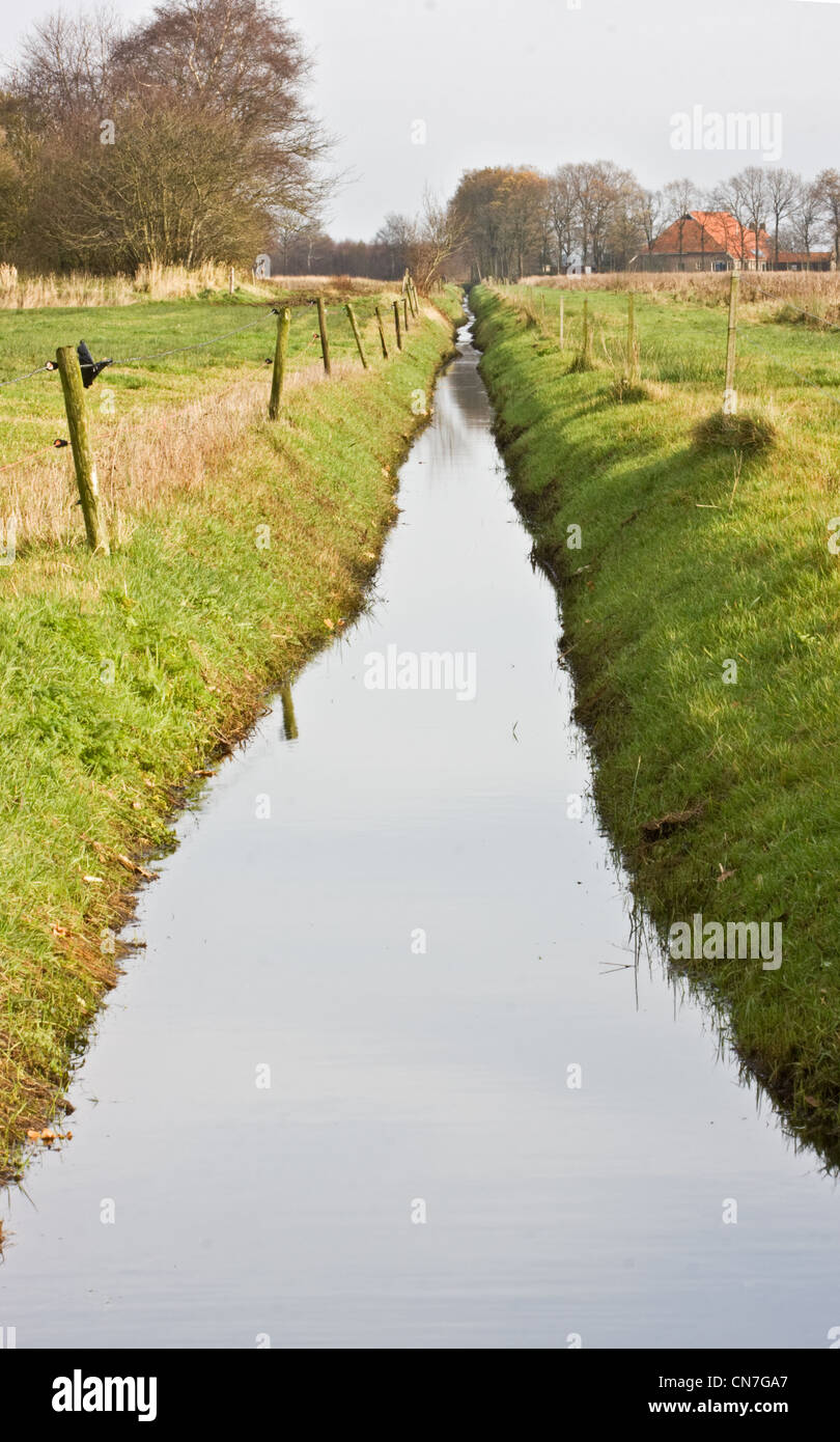 A long, straight ditch with fences on both sides and a farmhouse in the ...