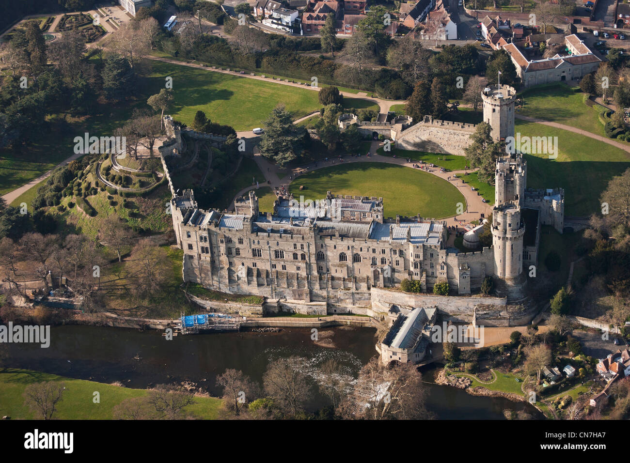 Warwick castle architecture england English aerial Stock Photo - Alamy