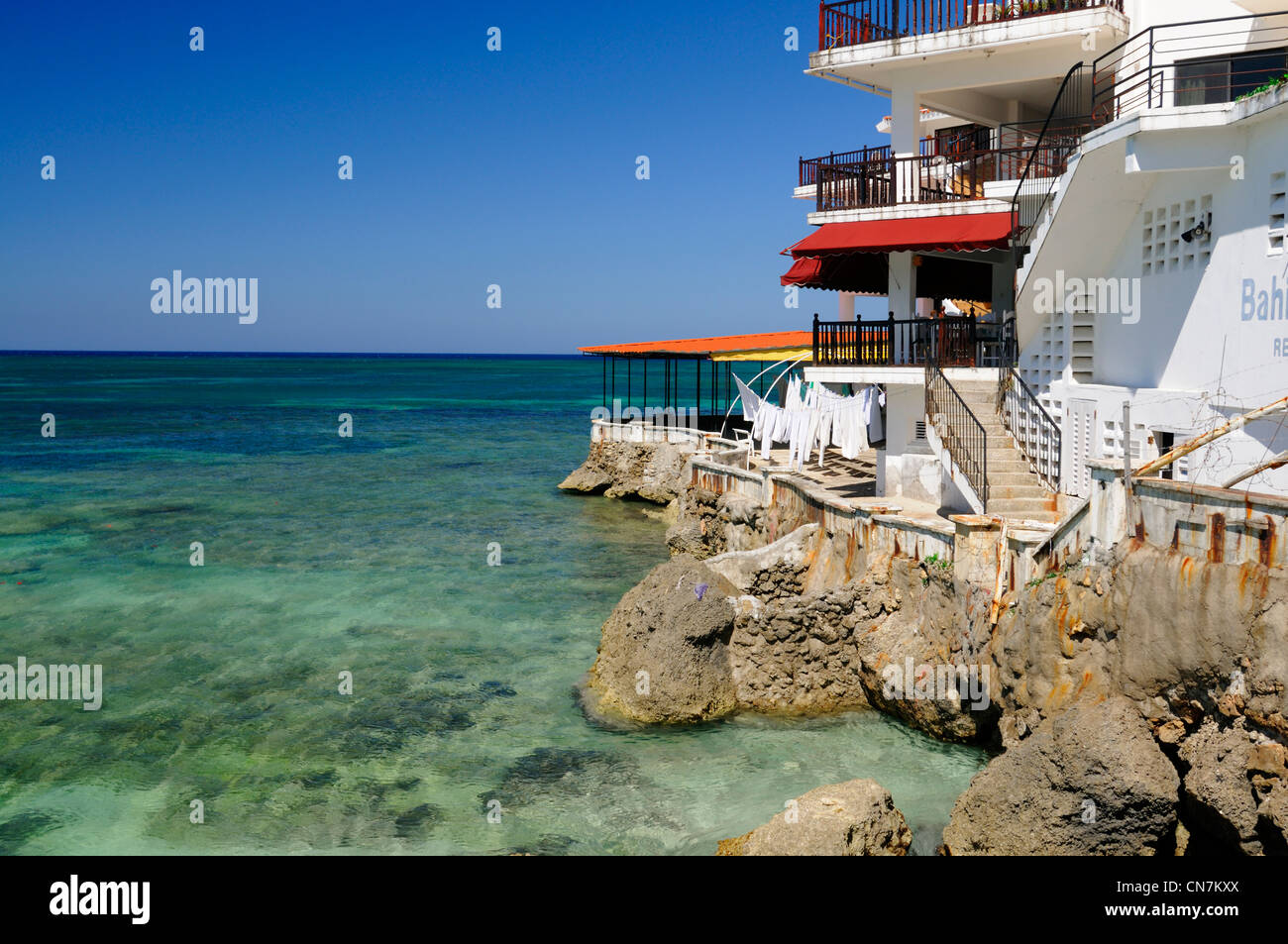 Dominican Republic, Rio San Juan province, rocks and restaurant on the ...