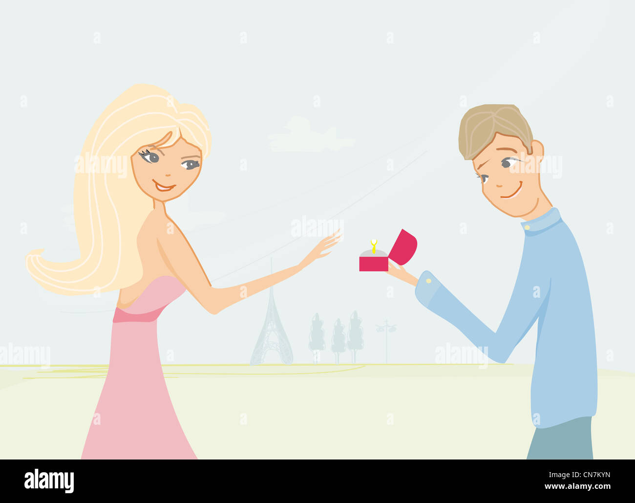 Happy young man making a proposal giving engagement ring to his fiancee ...