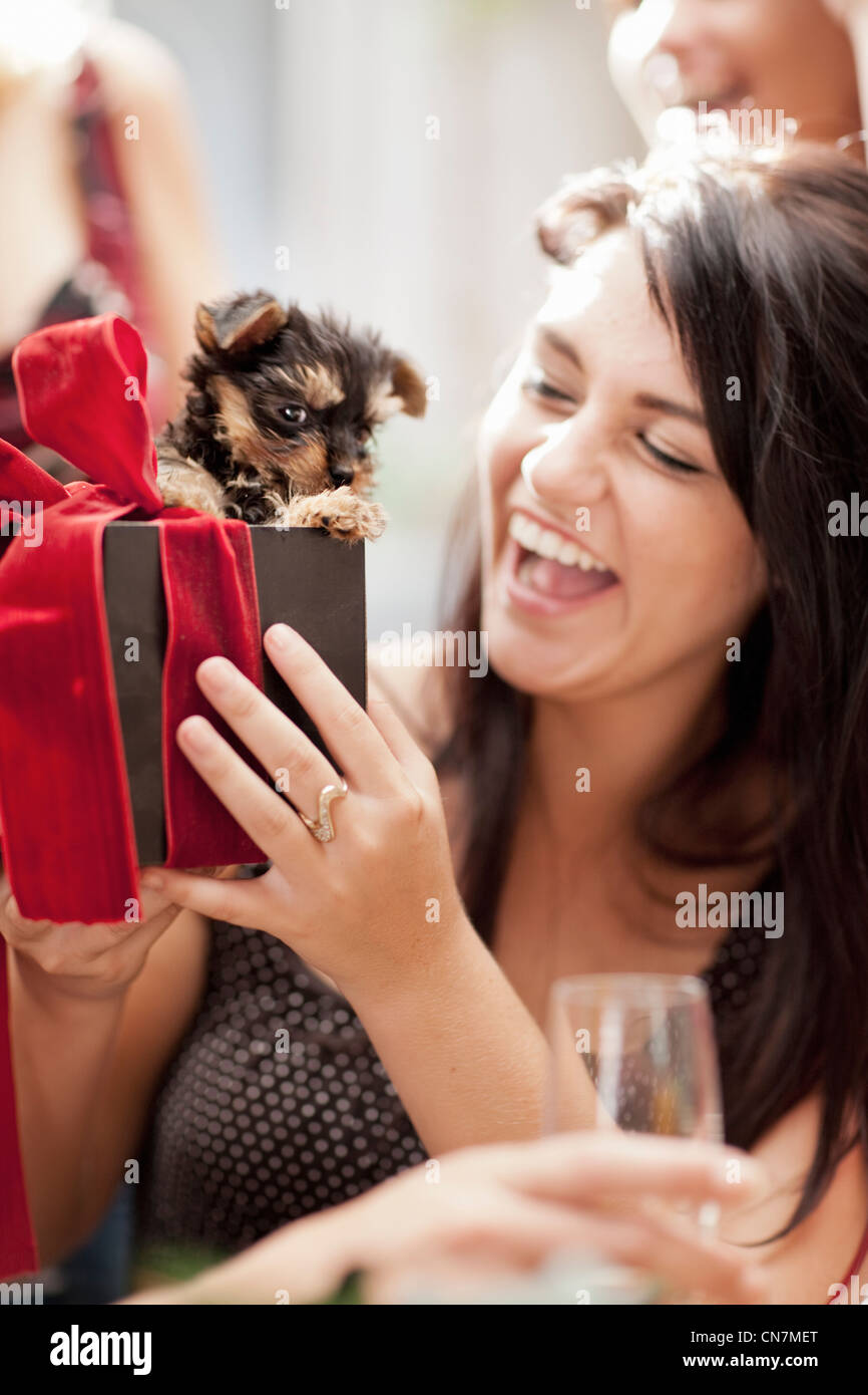 Woman receiving present dog hi-res stock photography and images - Alamy