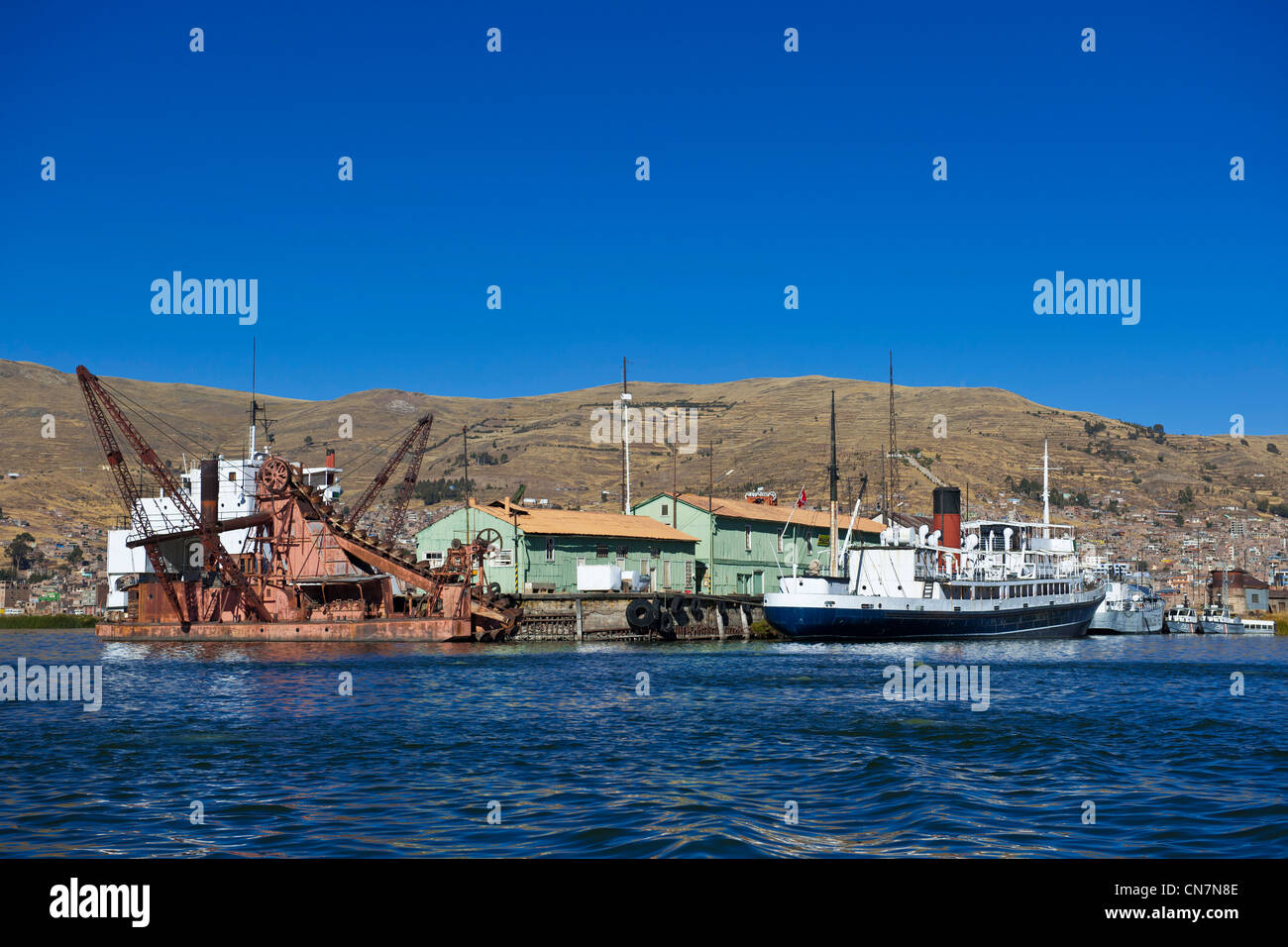 Peru, Puno province, Titicaca lake, Puno, at 4000m altitude, boats ...