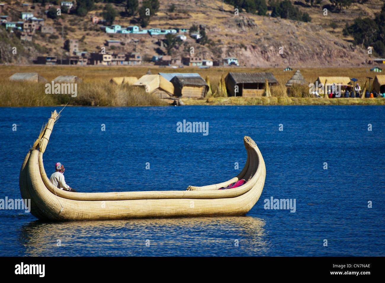 Peru, Puno province, Titicaca lake, floating islands of Uros, lying on ...