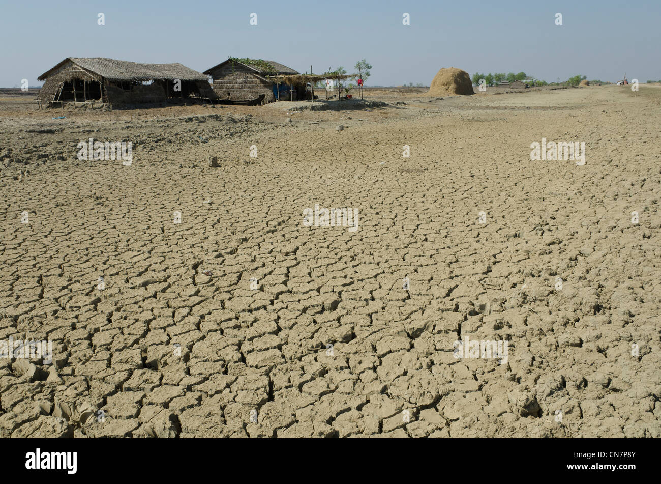 Relocation bamboo hut along a dried out waterway. Irrawaddy delta ...
