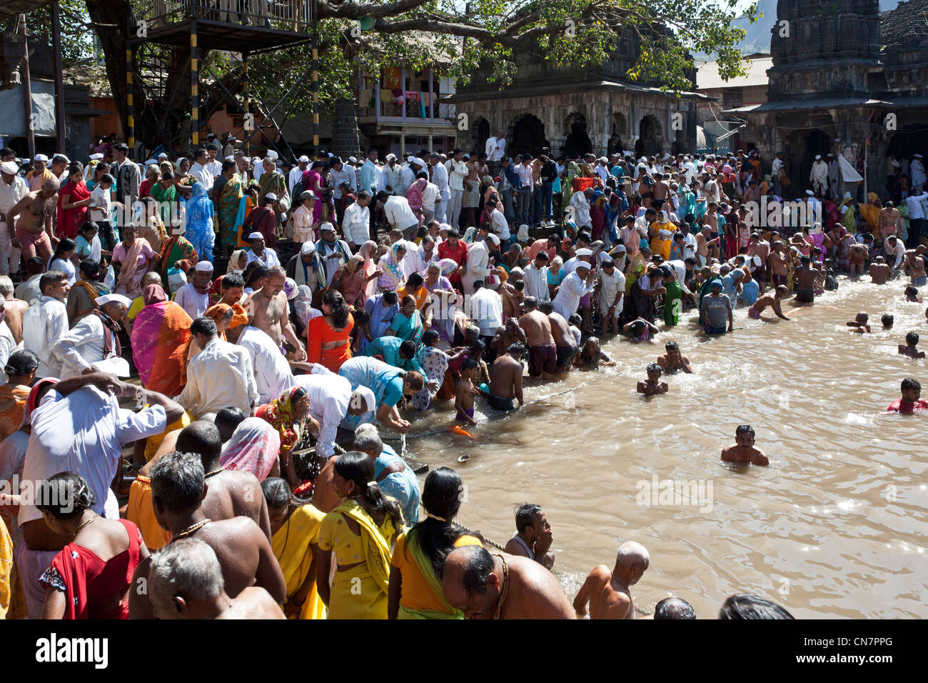 Hindu pilgrims bathing in the sacred water reservoir of Kushavarta (the ...