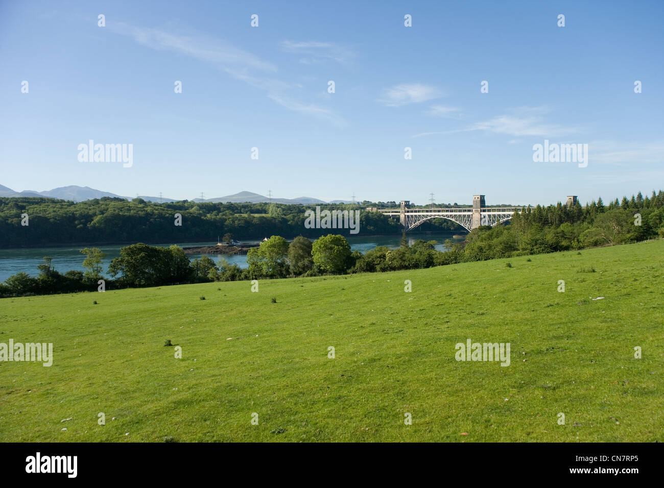 Britannia Bridge over Menai Straits from the Anglesey side, North Wales ...