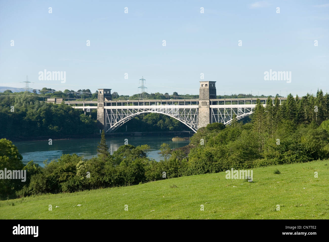 Britannia Bridge over Menai Straits from the Anglesey side, North Wales ...