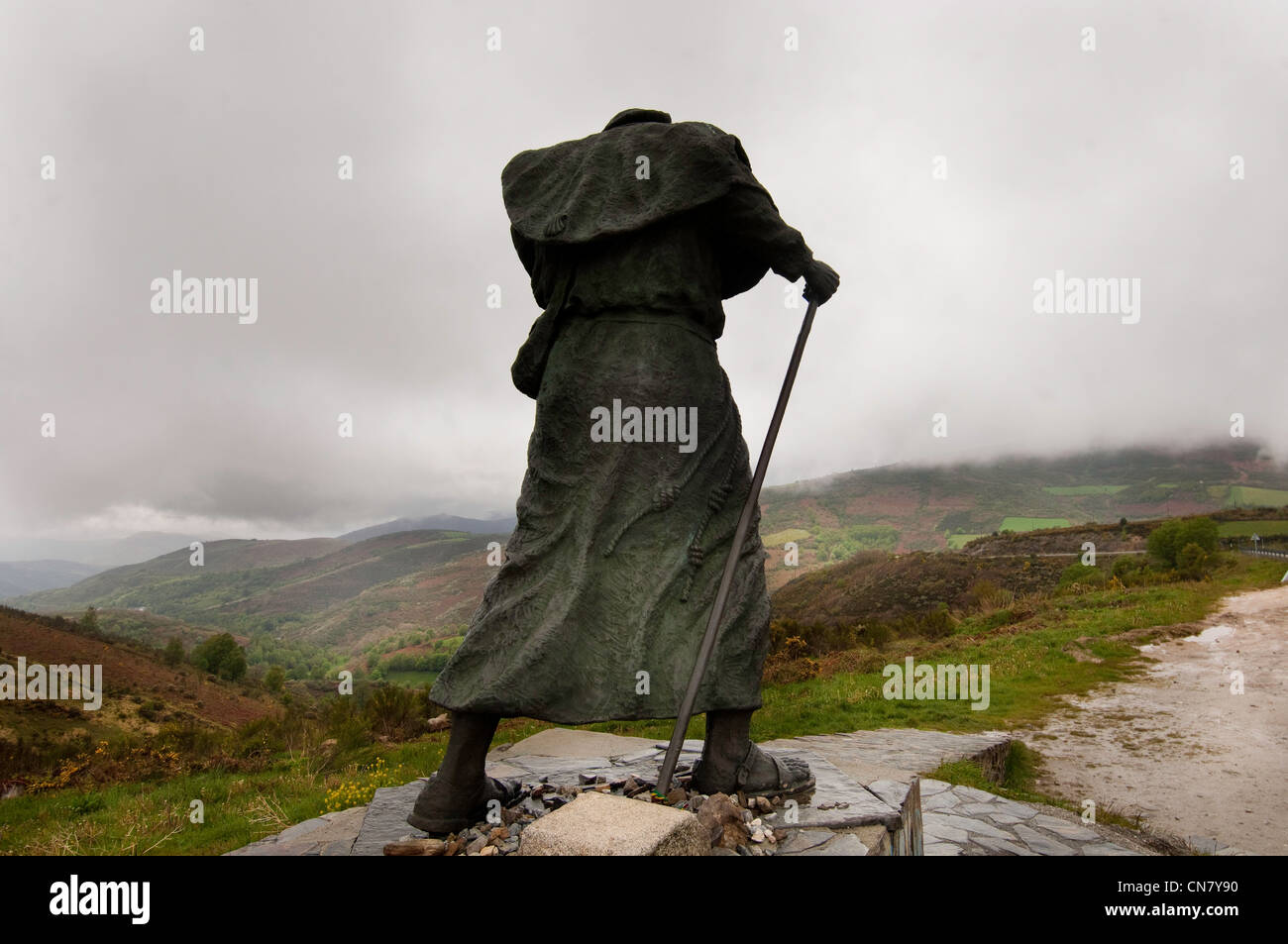 Spain, Galicia, O Cebreiro, statue of the Santiago pilgrim Stock Photo ...