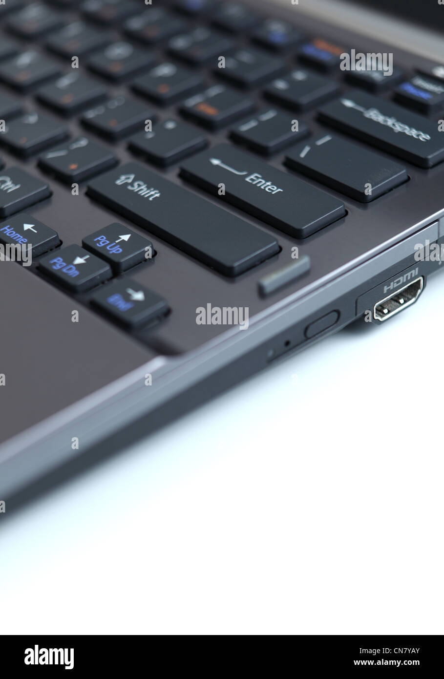 close-up view of a modern hi-end carbon laptop computer with a HDMI ...