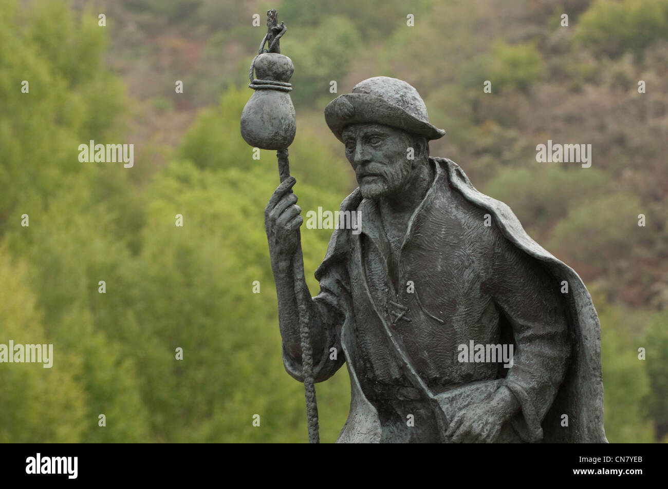 Spain, Galicia, O Cebreiro, statue of the Santiago pilgrim Stock Photo ...