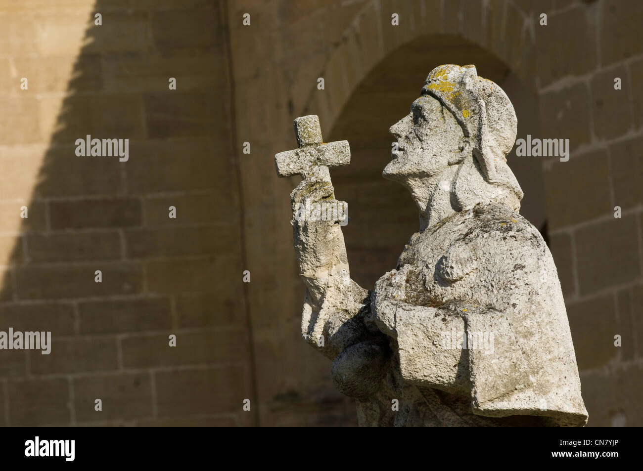 Spain, La Rioja, Santo Domingo de la Calzada, statue of pilgim placed ...