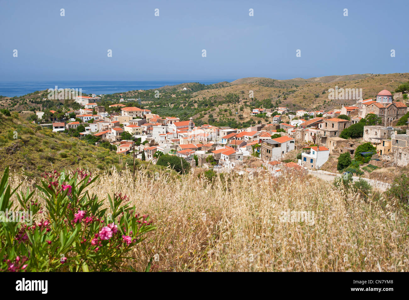 Greece, Chios Island, the picturesque village of Volissos topped by a ...