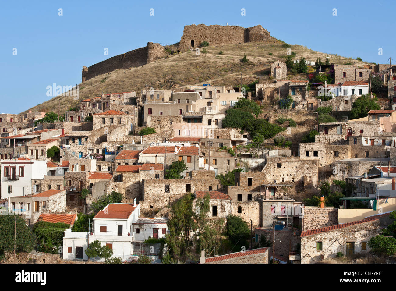 Greece, Chios Island, the picturesque village of Volissos topped by a ...