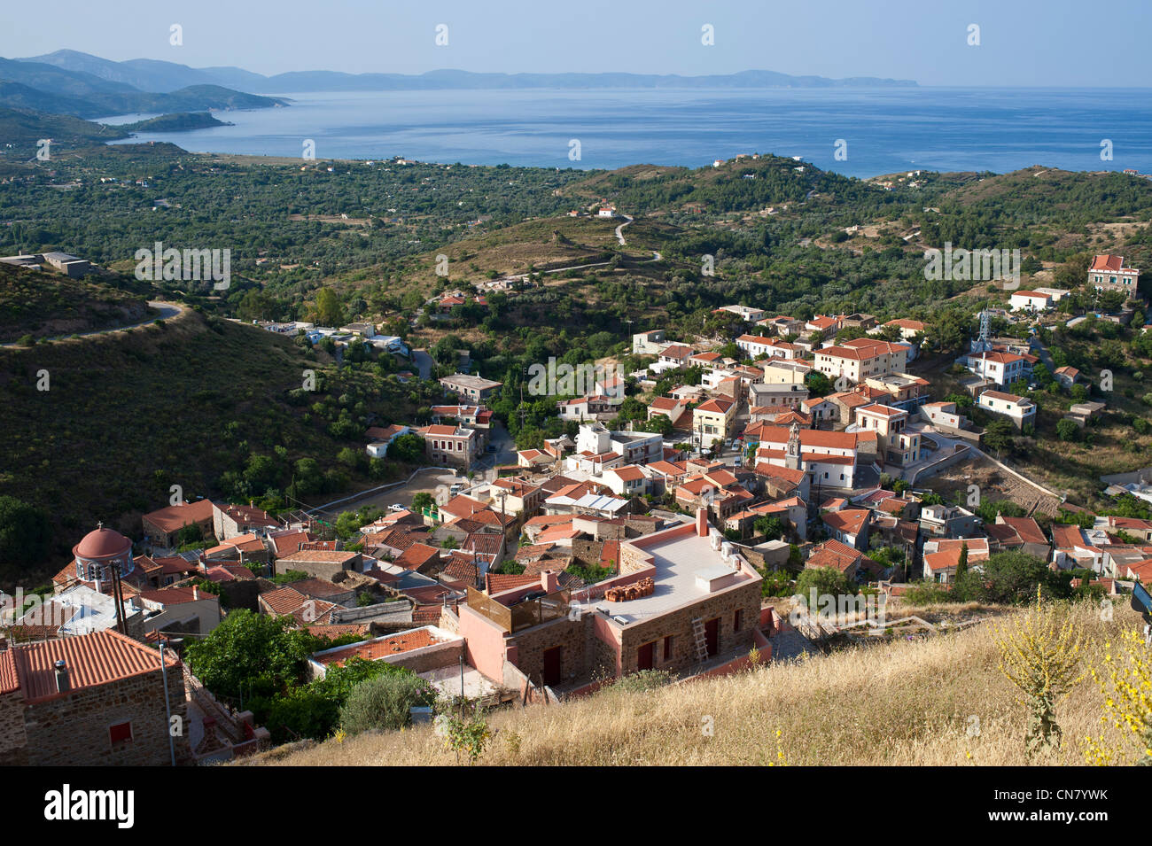 Greece, Chios Island, the picturesque village of Volissos topped by a ...