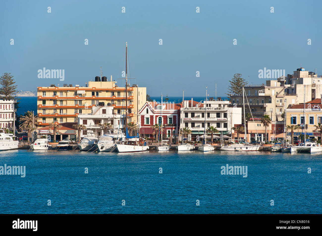 Greece, Chios Island, Chios city, the docks of the harbour lined with ...