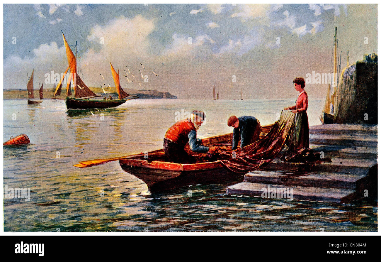 Mending the nets by W Richards Stock Photo - Alamy