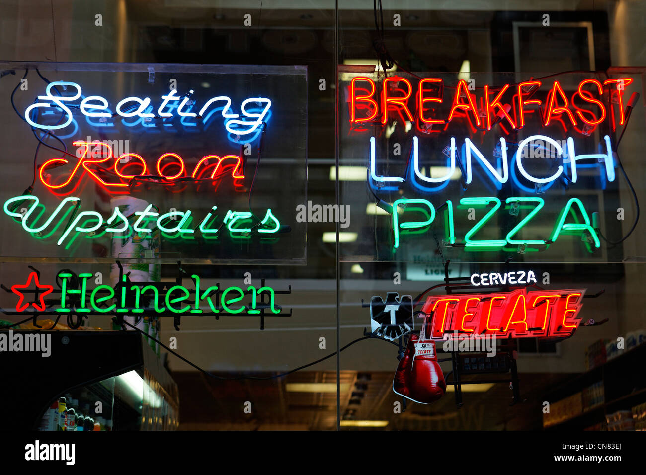 United States, New York City, Manhattan, Midtown, neon behind a window ...