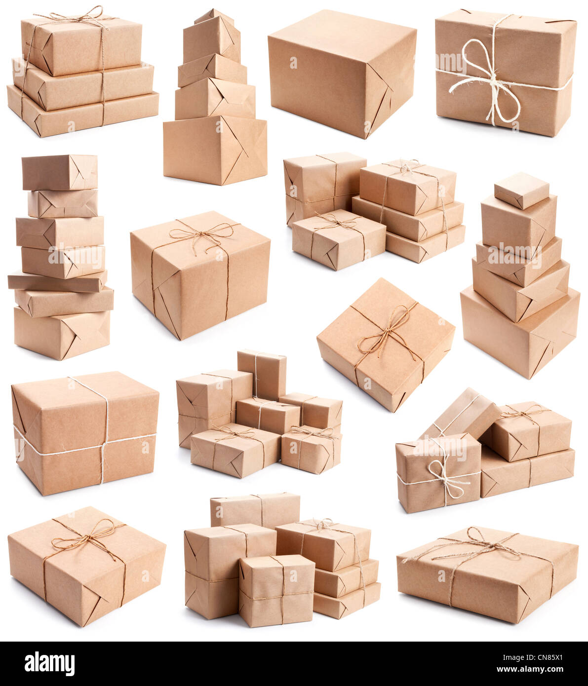 Collection of differend parcels wrapped with brown packing paper ...