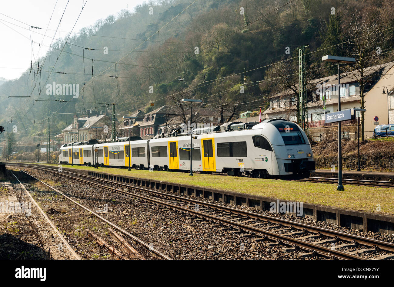 Passenger train arriving at Bacharach in UNESCO listed "Upper Middle ...