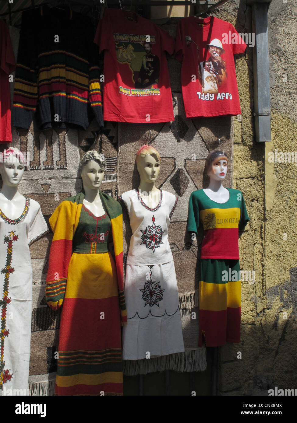 Traditional costumes in a tourist shop in a street in Bahir Dar ...