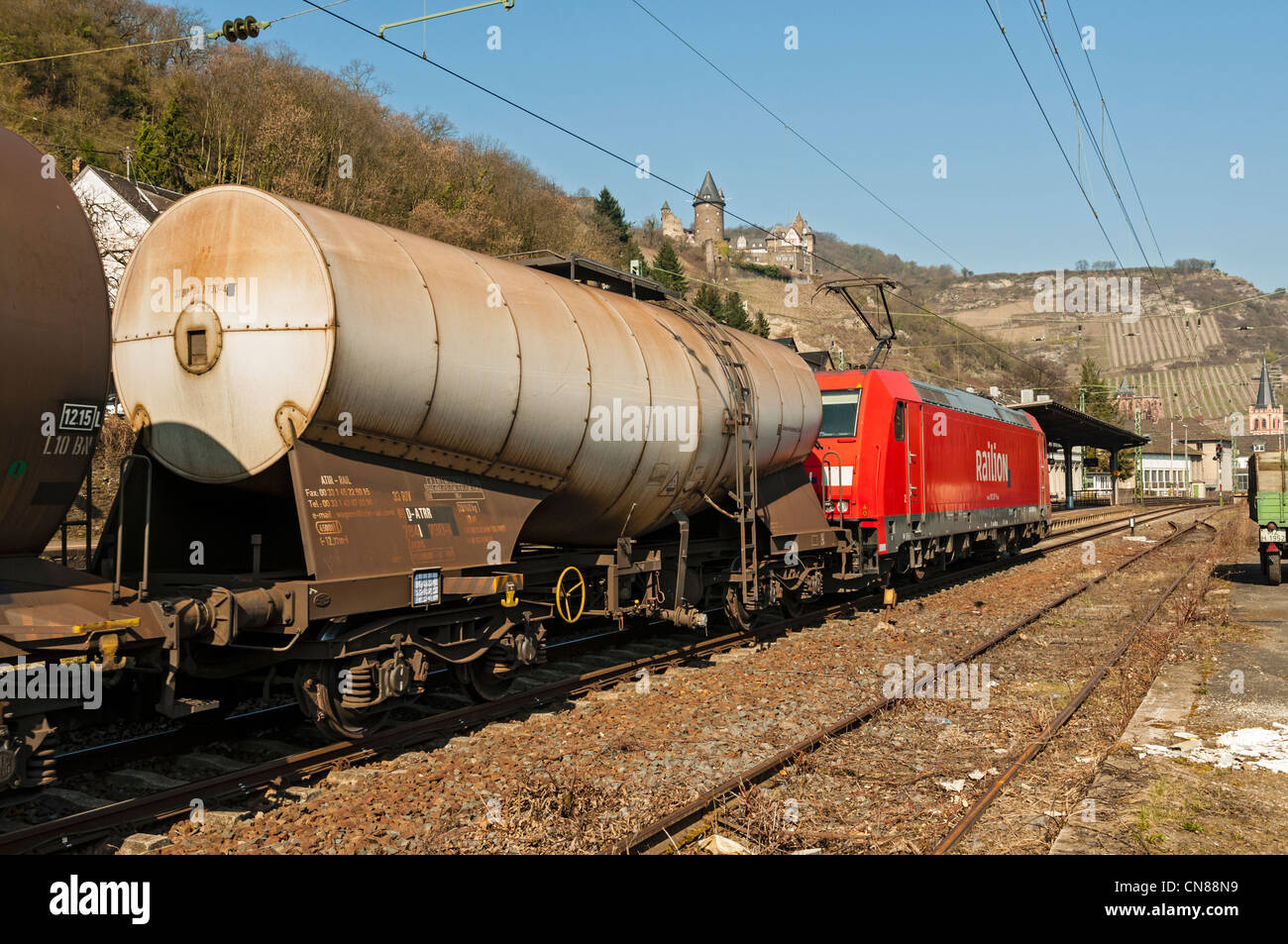 Railion freight train passing through Bacharach in UNESCO listed "Upper Middle Rhine Valley ...