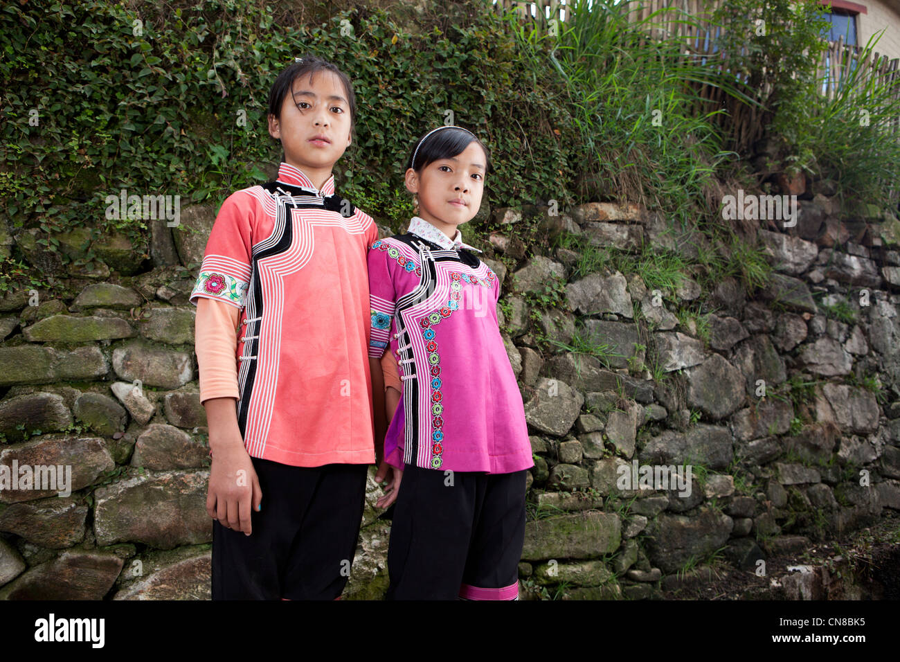 Hani minority girls portrait in village , Xinjiezhen, Yuan Yang, YunNan ...