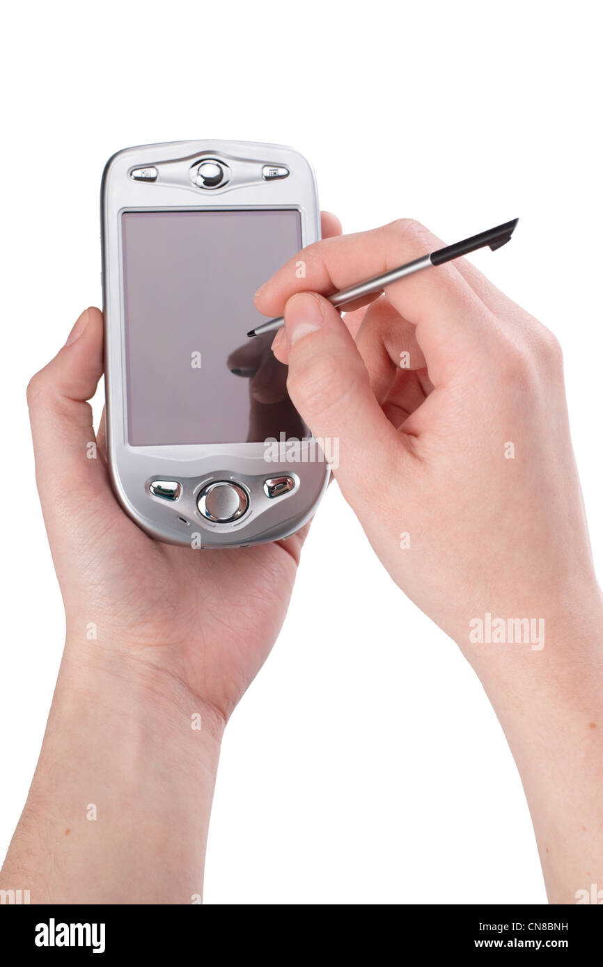 pda in hand isolated on white background Stock Photo - Alamy