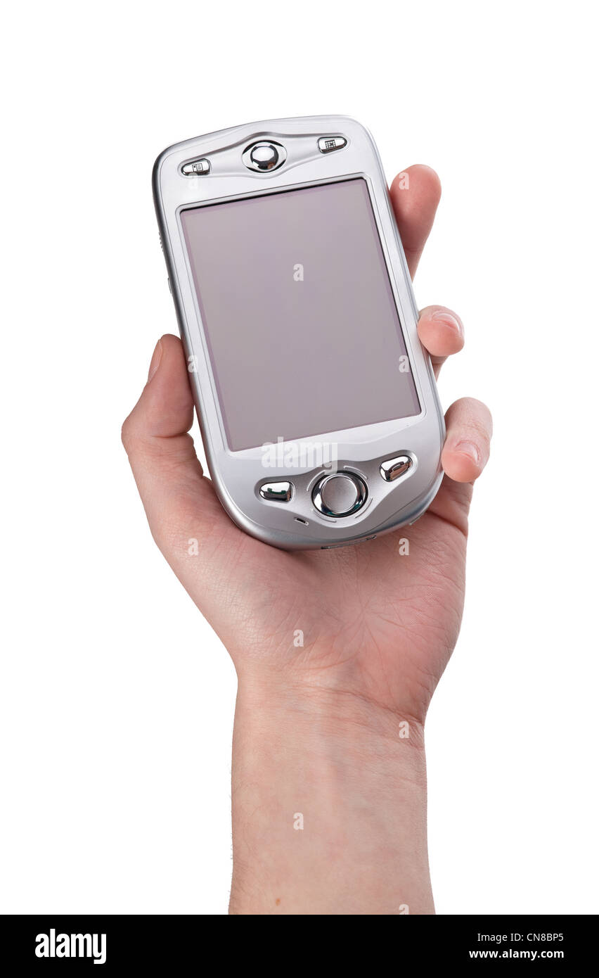 mobile phone in hand isolated on white background Stock Photo - Alamy