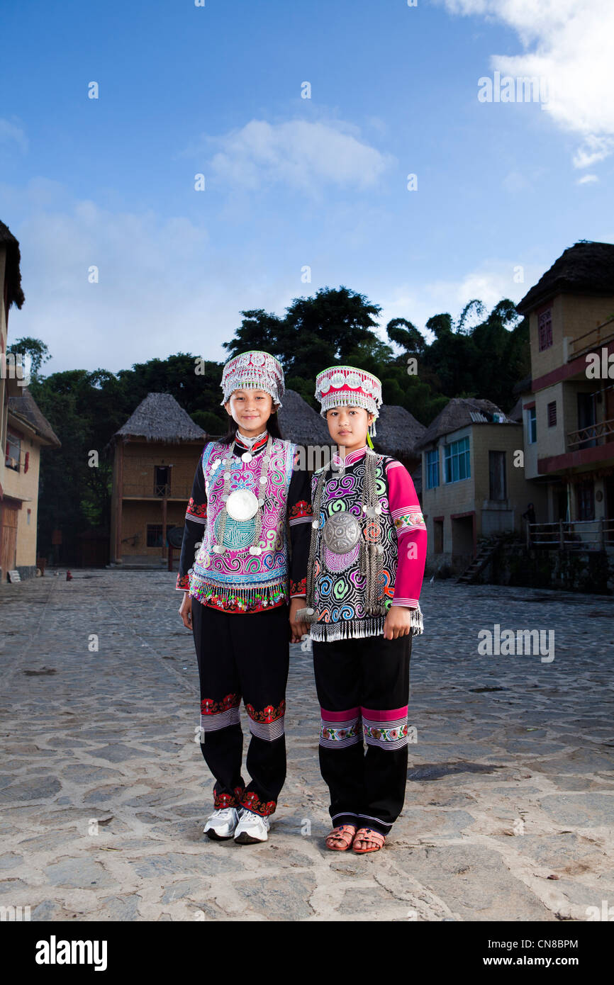 Hani minority girls portrait in village , Xinjiezhen, Yuan Yang, YunNan ...