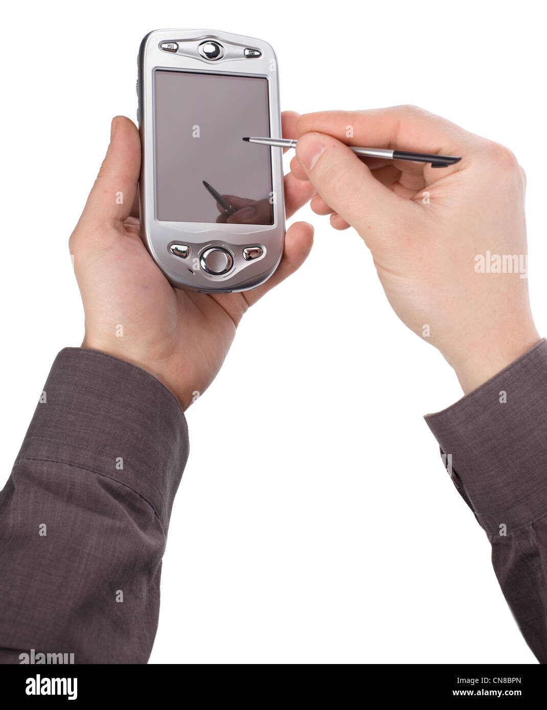 gsm telephone in hand isolated on white background Stock Photo - Alamy