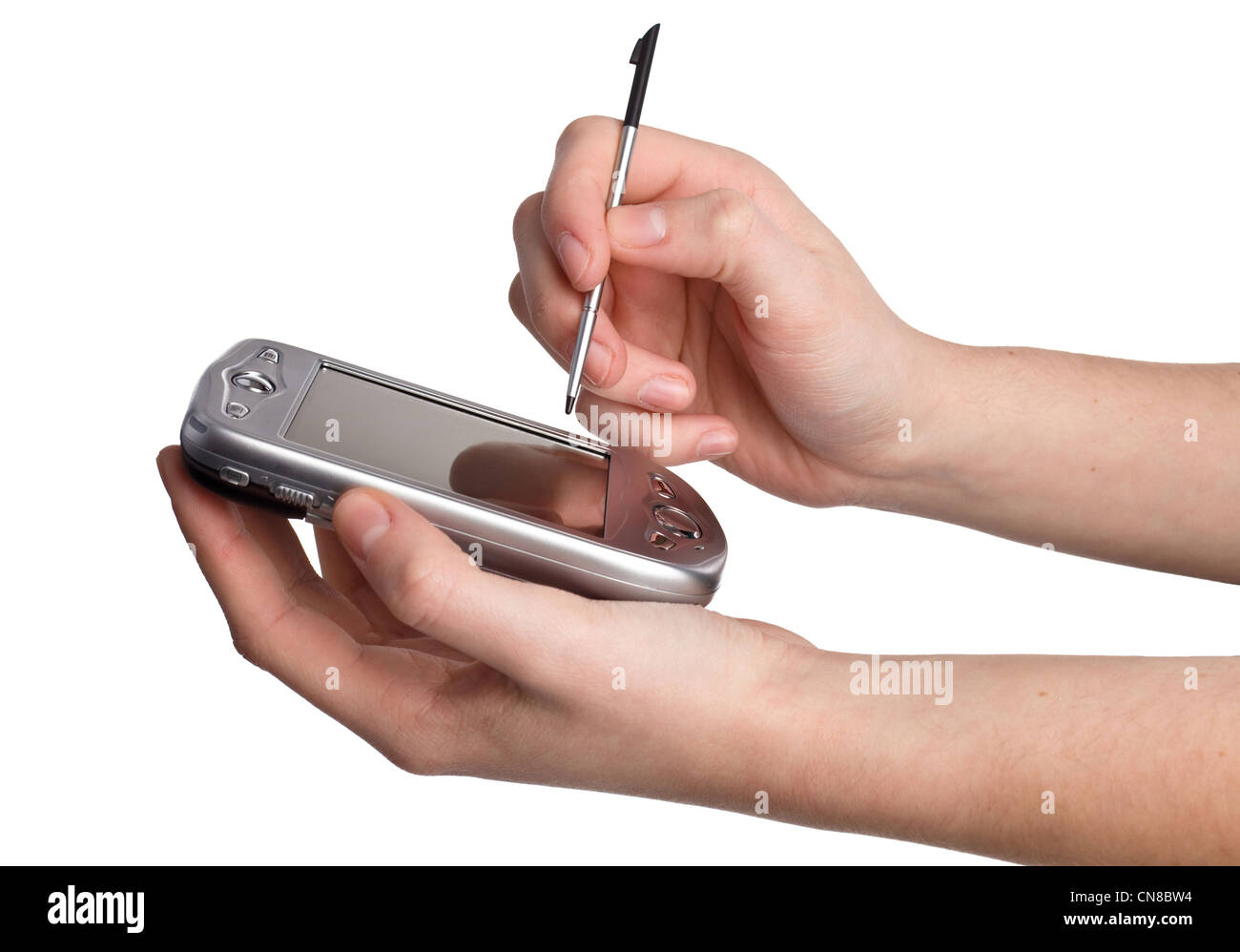 mobile phone in hand isolated on white background Stock Photo - Alamy