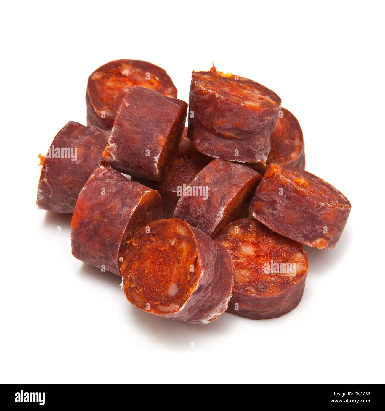 Spanish Chorizo sausage isolated on a white studio background Stock ...