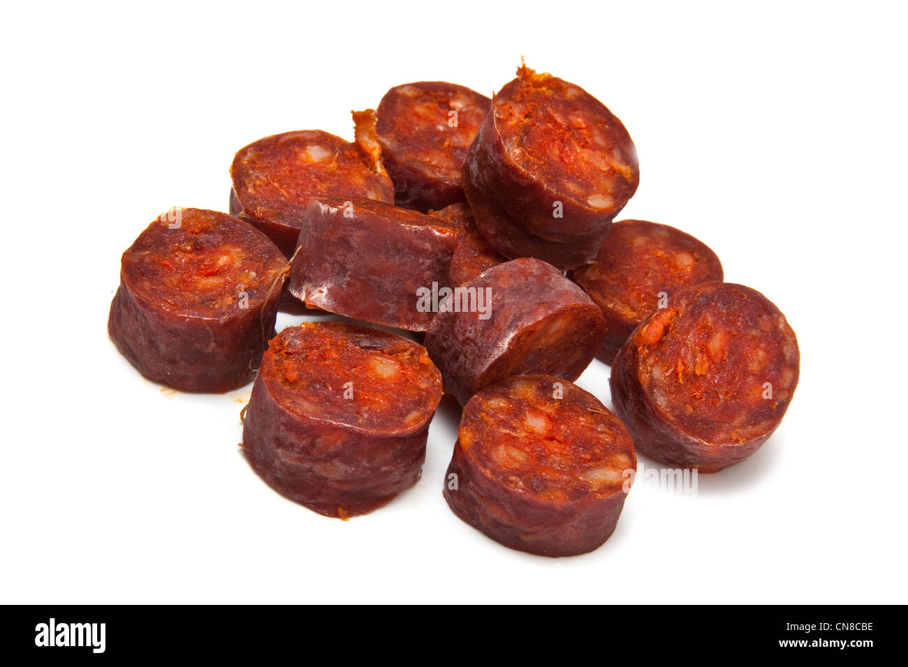 Spanish Chorizo sausage isolated on a white studio background Stock ...