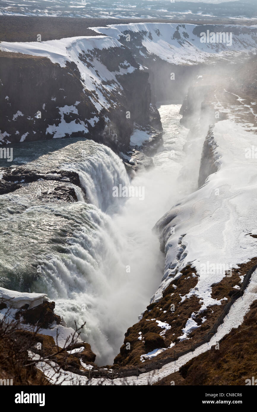 Gullfoss waterfalls, cascading deep into the canyon of Hvítá, southwest ...
