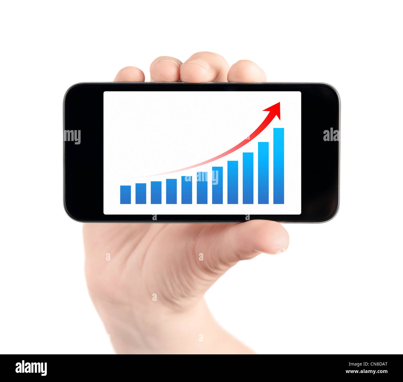 Hand holding mobile smart phone with success chart on screen. Isolated ...