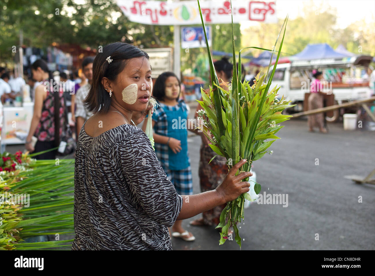 A Burmese woman, wearing thanaka face cosmetic, sells flowers and ...