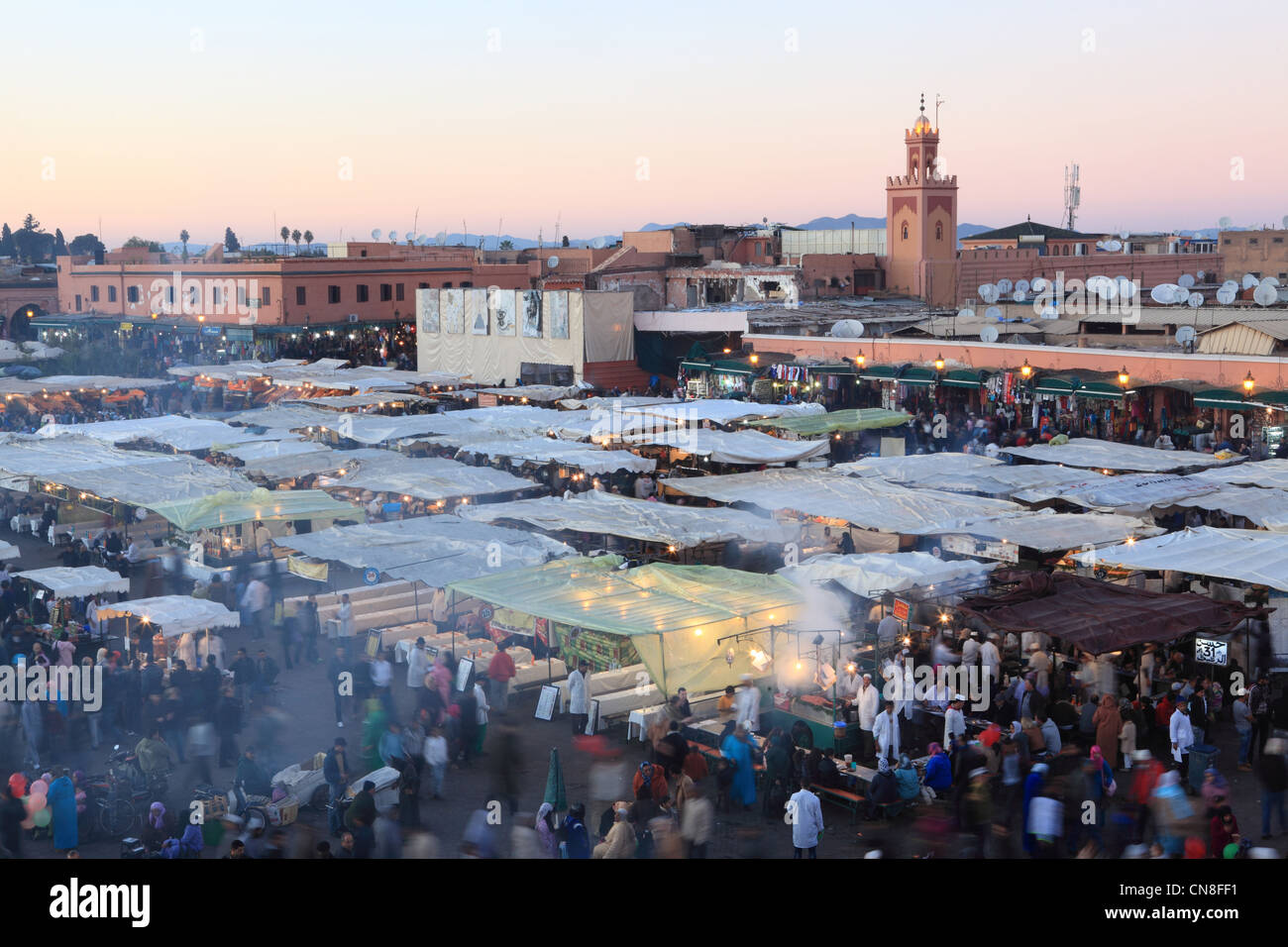 Djemaa el Fna square in central Marrakech at dusk, in Morocco, North ...