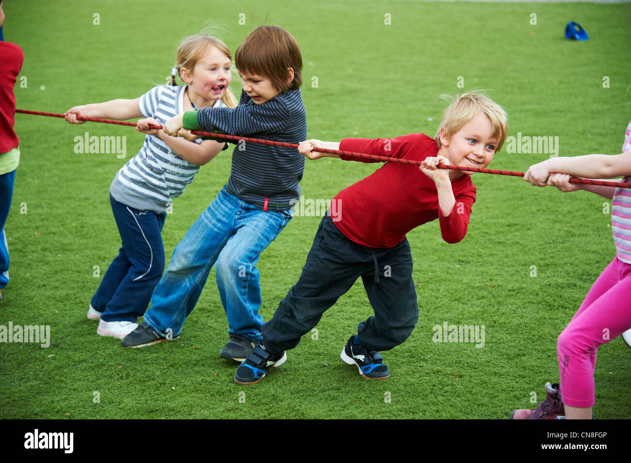 Group of preschool children do sports on sports field outside Stock ...