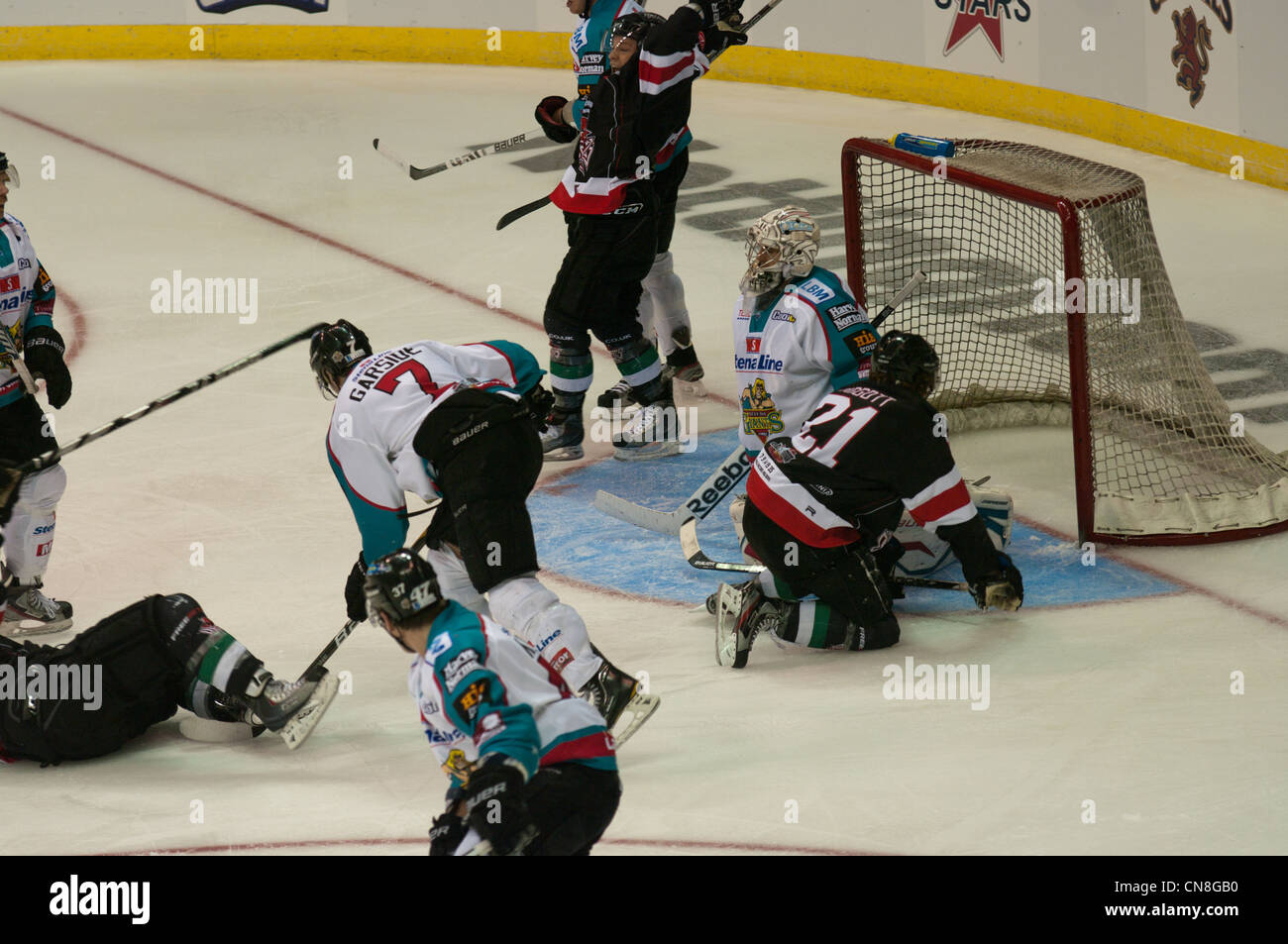 Luke Piggott, 21 in black, and Ben Davies celebrating Cardiff Devils ...