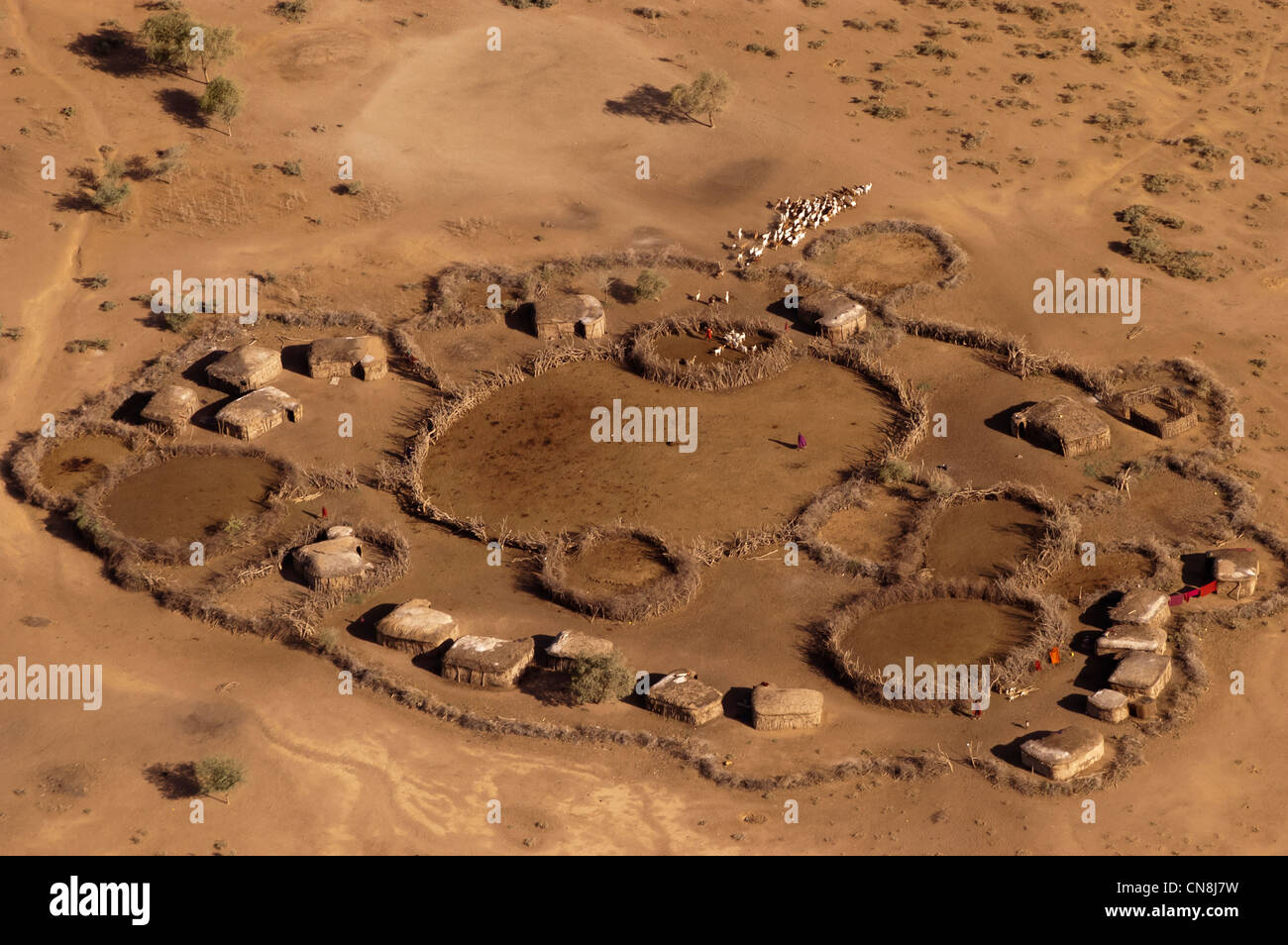 Settlement in Maasai land, aerial view, Malambo, Arusha Region ...