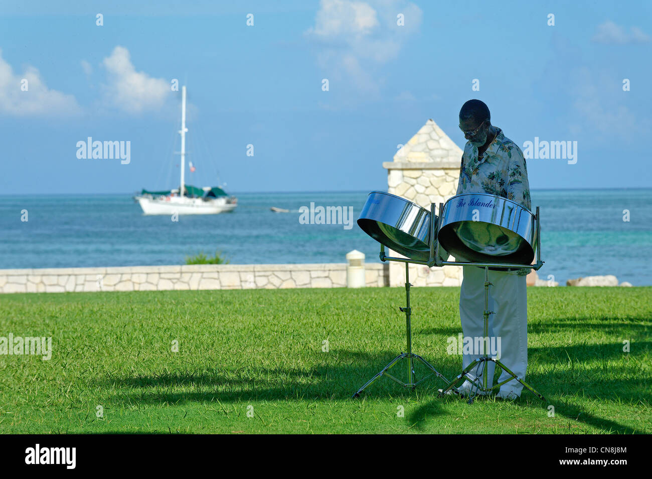 Bahamas, Grand Bahama Island, Freeport, Lucaya beach, calypso player on ...