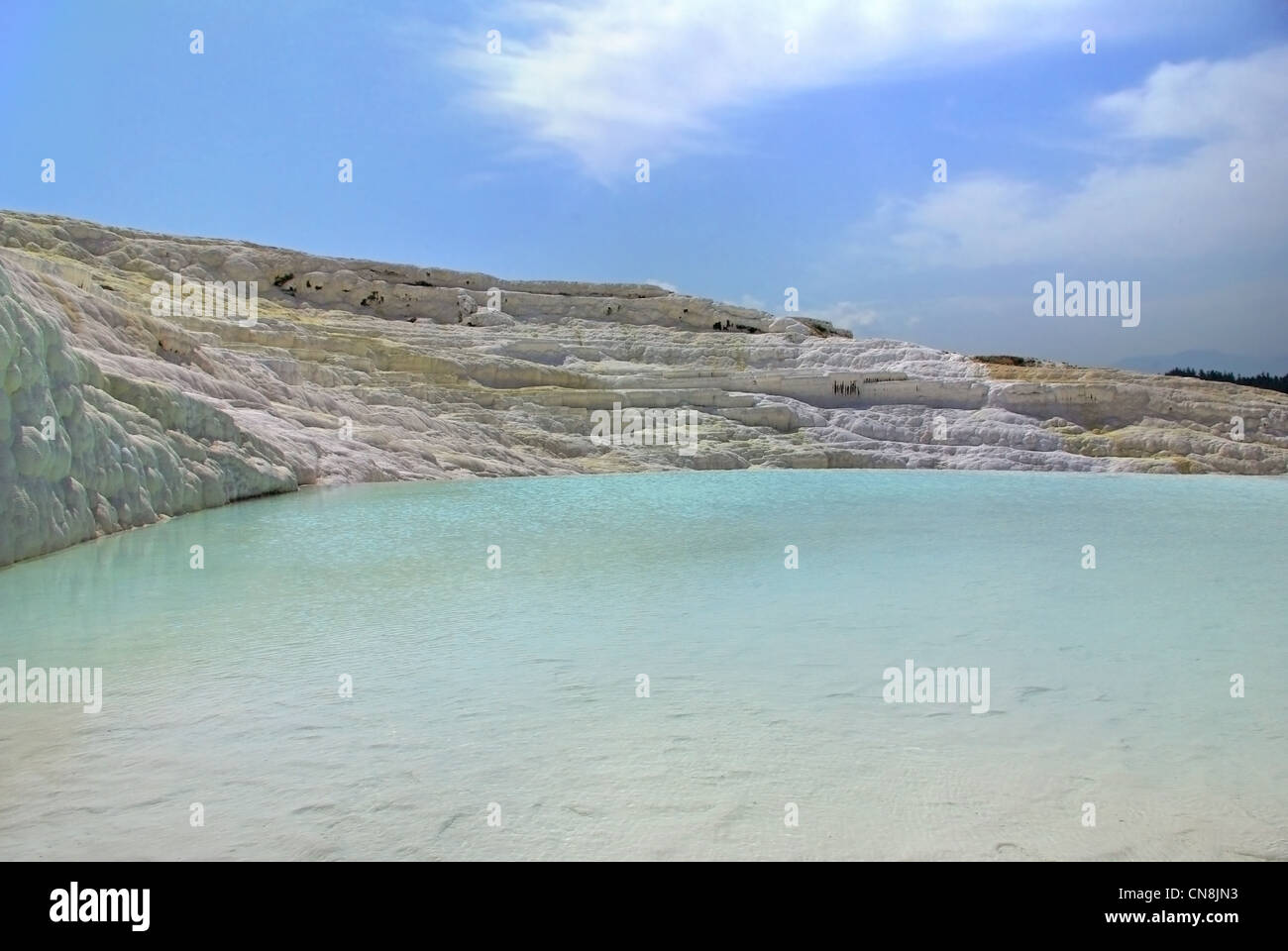 View of white rocks and basin at Pamukkale hot springs, Turkey Stock ...